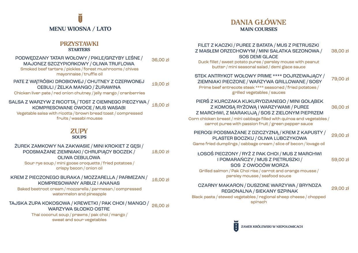 Menu restauracji - Zamek Królewski w Niepołomicach